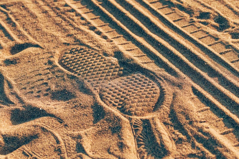Footstep Imprint and Tire Track Tread Marks in Dust and Sand Stock ...