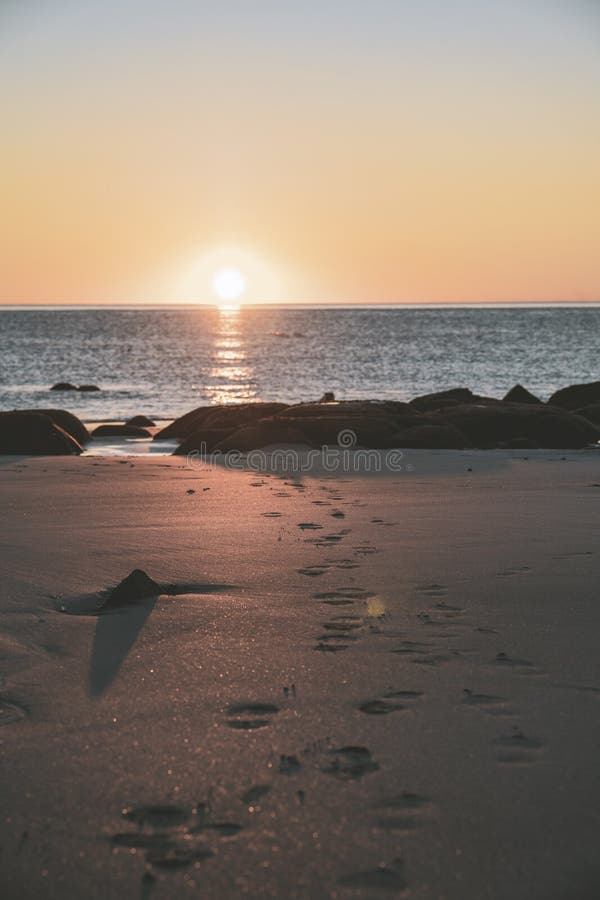 Footsteps in the Sand that Go To the Sea Where the Sunset is Stock ...