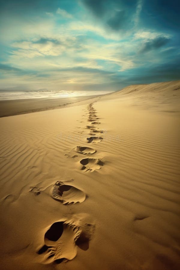 Footsteps in Sand Leading To the Horizon Stock Illustration ...