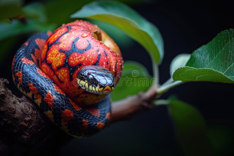 Forbidden Temptation: Snake and Apple on Tree Branch in the Dark Stock ...