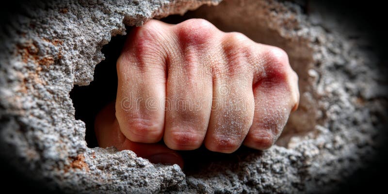 Force of Determination Clenched Fist Breaking through Concrete Wall ...