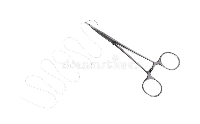 Forceps with Suture Thread and Bandage Roll on Light Blue Background ...