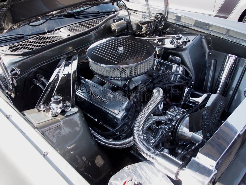 Ford with Open Hood Showing Engine and Other Components Editorial ...