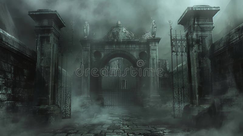 A Foreboding Aura Surrounds the Ancient Gate Its Stone Pillars Topped ...