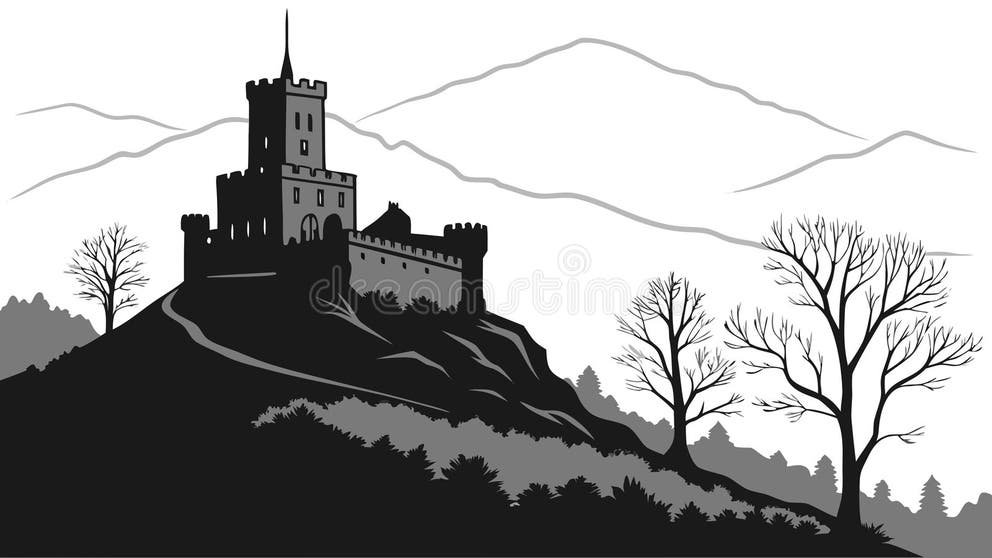Foreboding Castle on Hill, Spooky Landscape, Vector Design Generative ...