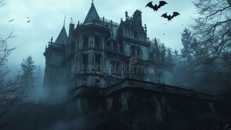 A Foreboding Gothic Mansion in a Misty Forest Stock Illustration ...