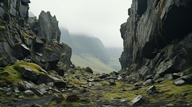 Foreboding Landscapes: Rock Cliffs and Moss Covered Rocks Stock ...