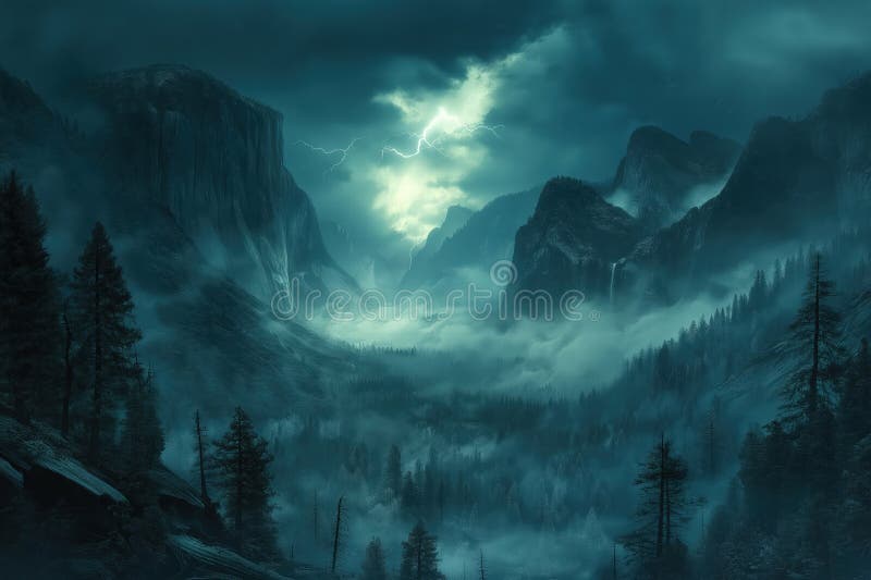 Misty Mountain Landscape Illuminated by Lightning during a Storm at ...