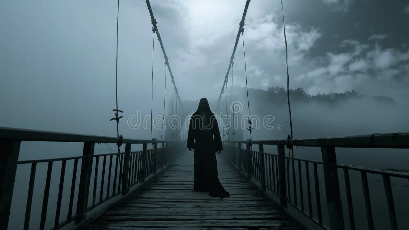 A Foreboding Silhouette Stands on a Misty Bridge Under a Cloudy Sky ...