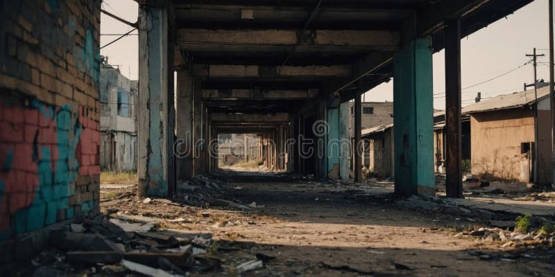 A Foreboding Urban Alleyway Lined with Dilapidated Buildings and an ...