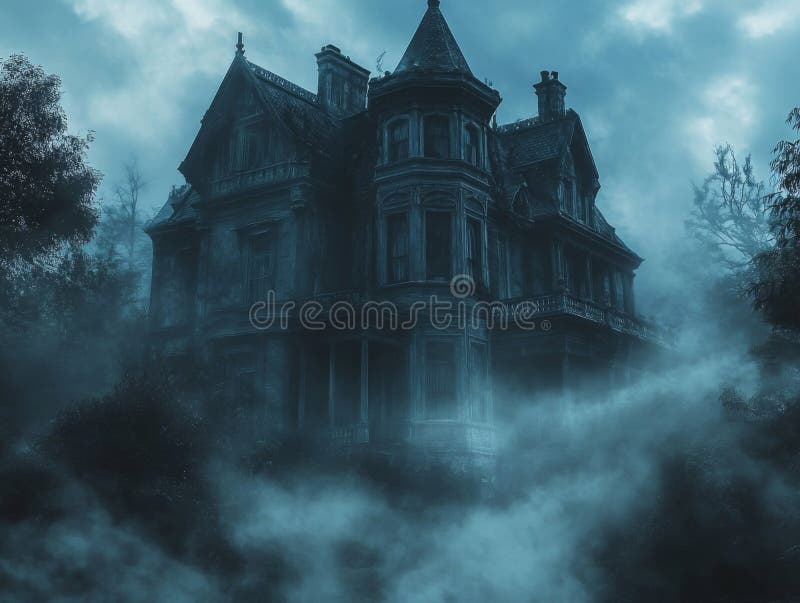 A Foreboding Victorian Mansion Shrouded in Mist Stock Illustration ...