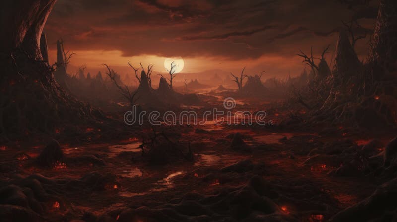 Volcanic Landscape with Lava and Dead Trees Stock Image - Image of ...