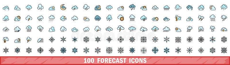 100 Forecast Icons Set, Color Line Style Stock Vector - Illustration of ...