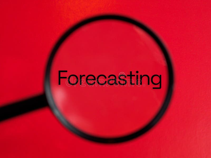 Forecasting Text through Magnifying Glass Red Background Stock Photo ...