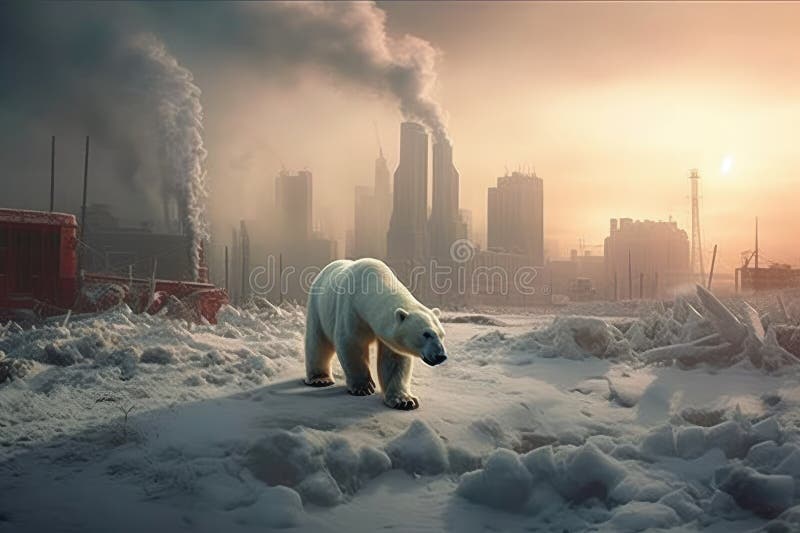 In the Foreground, an Arctic Bear Stands Tall while Smokestacks from ...