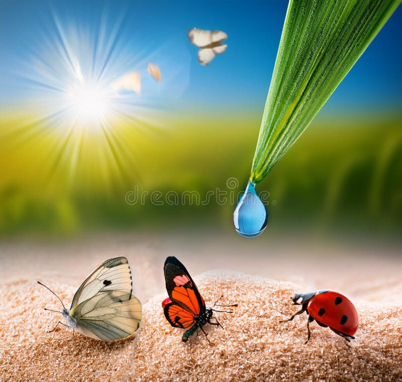 A Butterfly and a Ladybug in the Desert Under the Sun and a Dewdrop ...