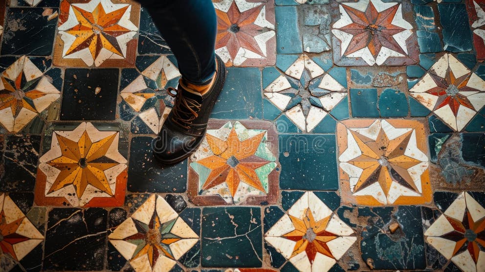 In the Foreground is a Detailed View of a Geometric Floor Pattern in ...