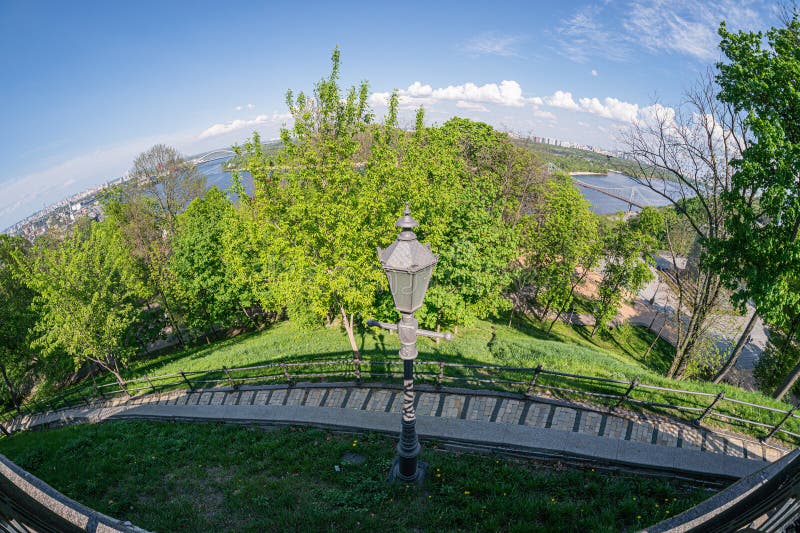 Foreground Old Lamp Post, Weathered Stone Bench Background Lush Garden ...