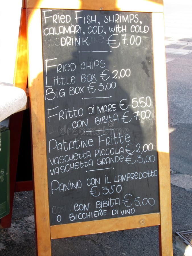 Foreground Poster of the Menu in a Typical Italian Fish and Chip Shop ...