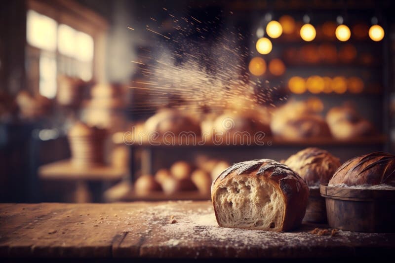 Foreground Table of Freshly Baked Bread with Blurred Bakery Background ...