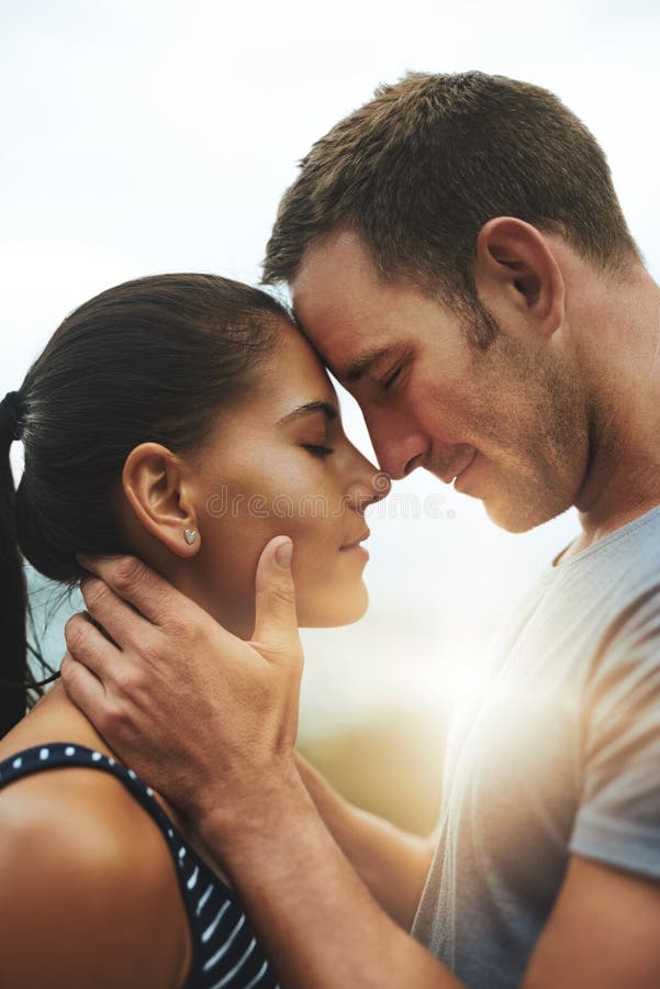 Forehead Love Or Happy Couple On Outdoor Date With Loyalty For Trust