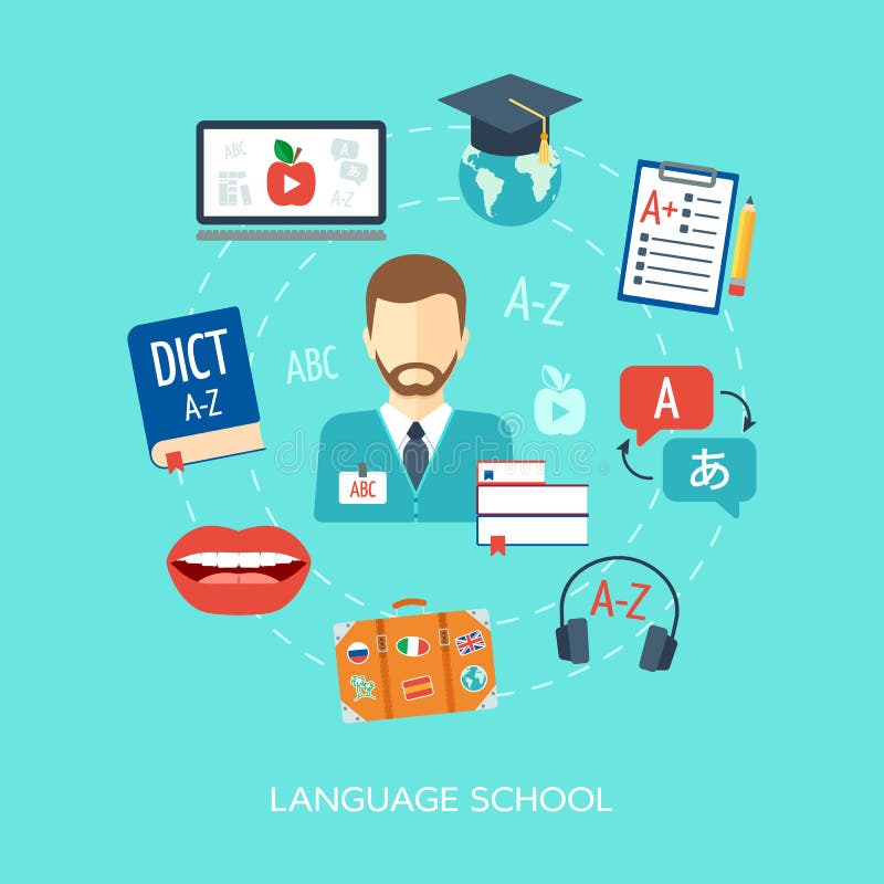 Foreign Language Courses and Schools Concept. Flat Design Stock Vector ...