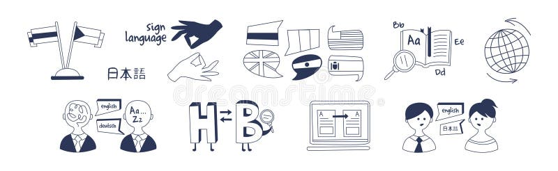 Foreign Language Learning and Speaking Doodle Icon and Element Vector Set Stock Illustration ...