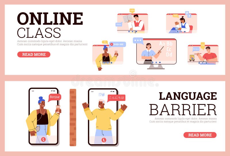 Foreign Language Online Group Class Banners Set, Flat Vector ...