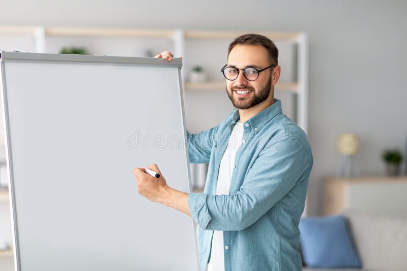Foreign Languages Tutor Giving Online Class, Pointing at Empty ...