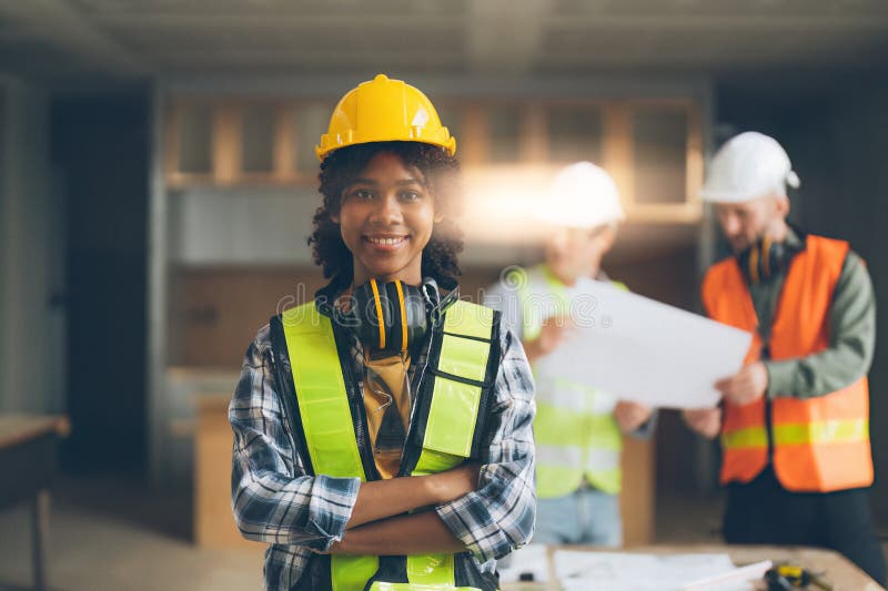Foreman Builder Woman at Construction Site. American African Foreman ...