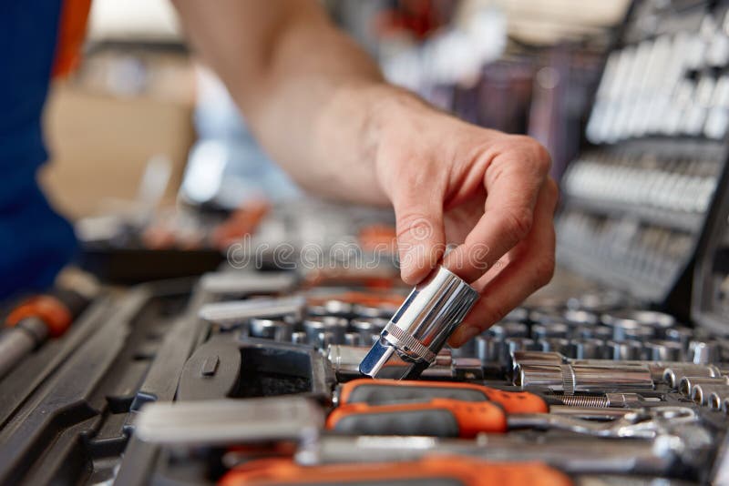 Foreman Checking Socket Wrenches in Tool Box at Hardware Store Stock ...