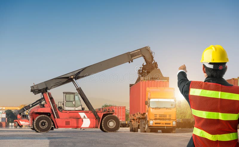 Foreman Control Forklift Uploading Truck Stock Photo - Image of ...