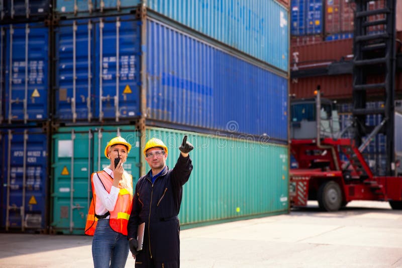 Foreman Control Industrial Container Cargo Freight Ship. Foreman Using ...