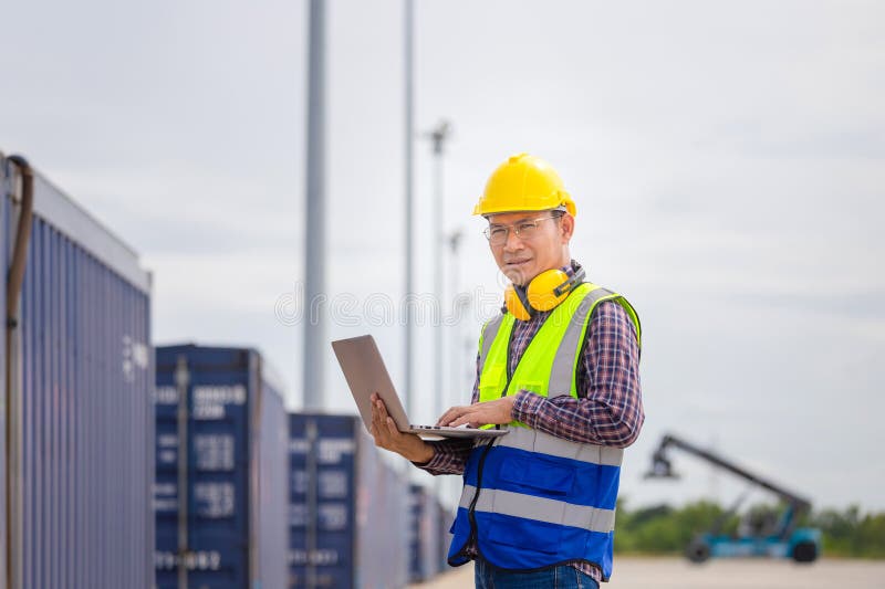 Foreman Dock Worker with Laptop in Industry Containers Cargo, Engineer ...