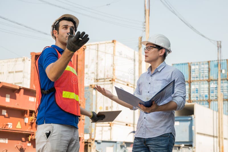 Foreman and Dock Worker Staff Working Checking at Container Cargo ...