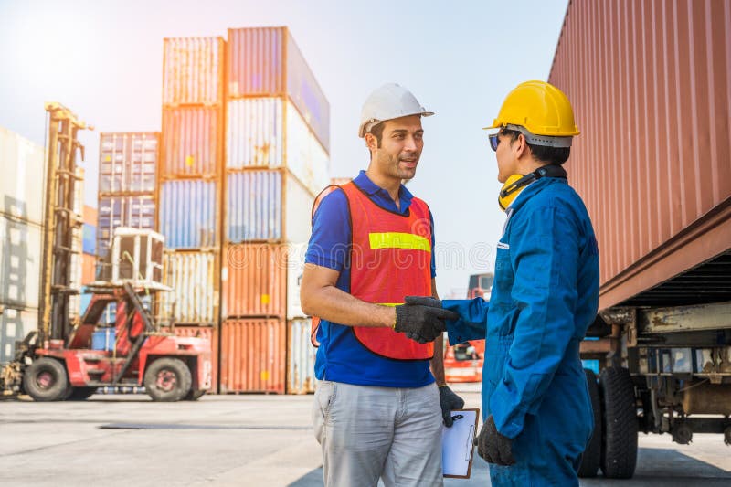 Foreman and Dock Worker Staff Showing Thumbs Up Working at Container ...