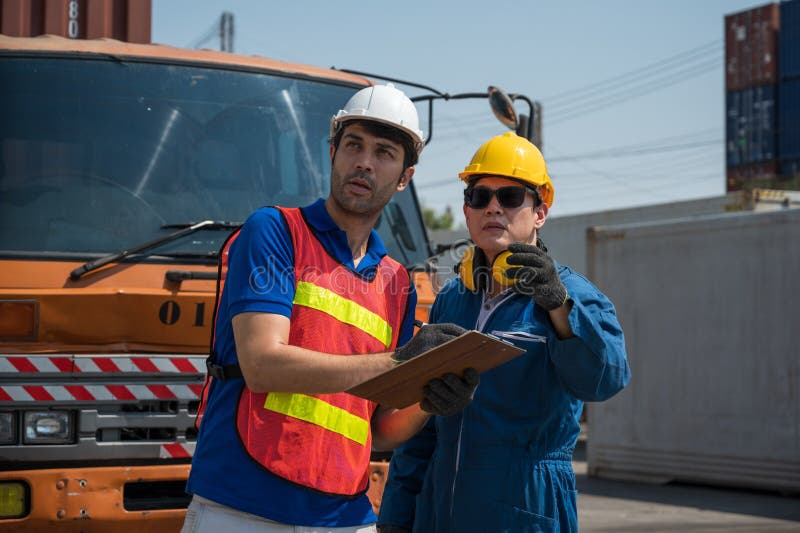 Foreman and Dock Worker Staff Working Checking at Container Cargo ...
