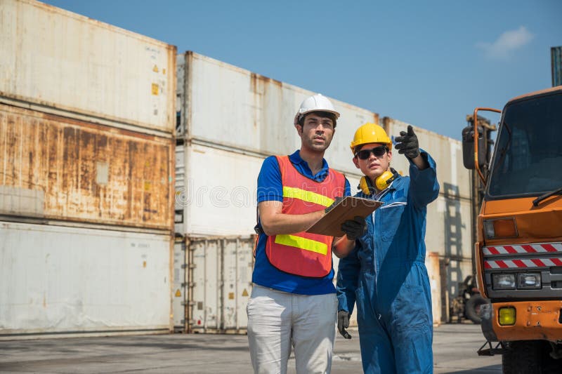 Foreman and Dock Worker Staff Working Checking at Container Cargo ...