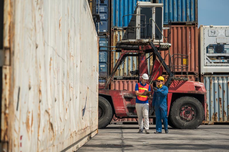 Foreman and Dock Worker Staff Working Checking at Container Cargo ...