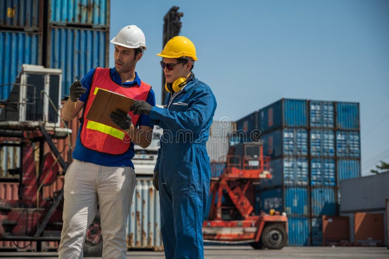 Foreman and Dock Worker Staff Working Checking at Container Cargo ...