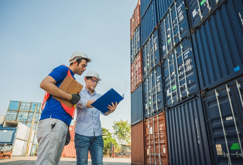 Foreman and Dock Worker Staff Working Checking at Container Cargo ...