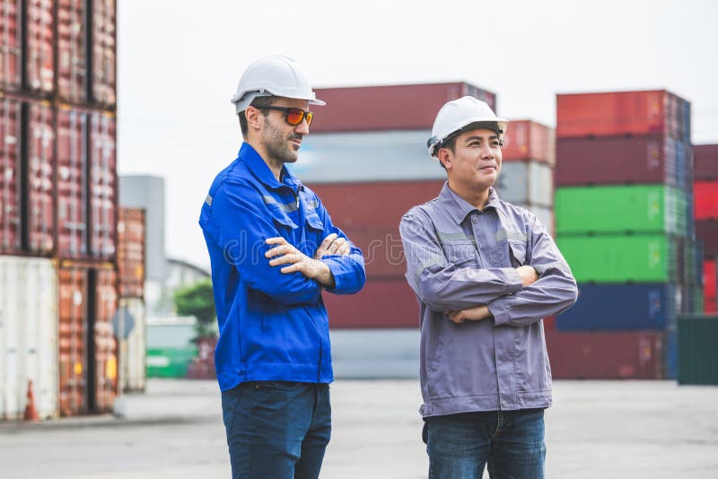 Foreman Dock Worker Team Inspecting Containers Boxes at Industrial Site ...