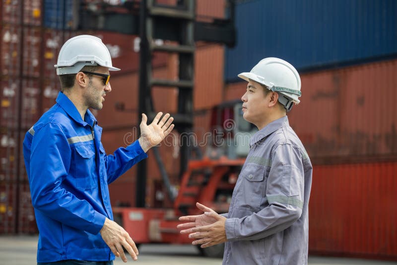 Foreman Dock Worker Team Inspecting Containers Boxes Industrial Site ...