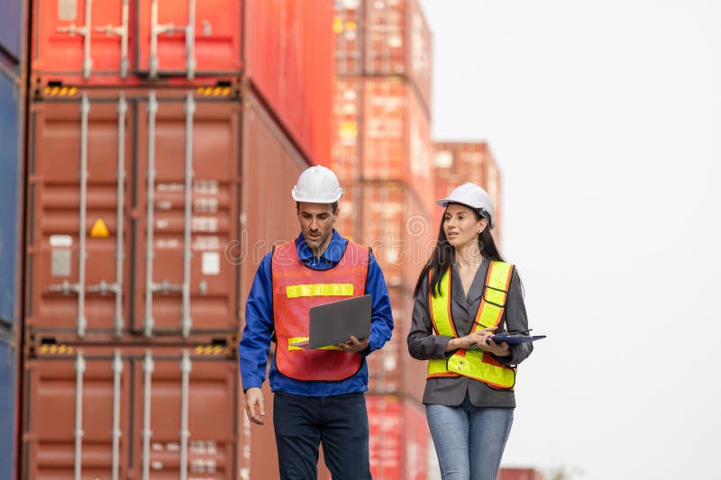 Foreman Dock Workers Checking Containers Box at Shipping Yard, Logistics Workers at Shipping ...
