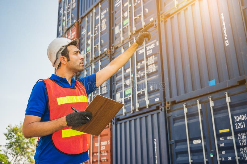 Foreman Holding Clipboard Working at Container Cargo Harbor. Business ...