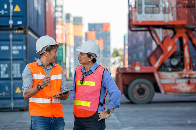 Foreman Man Working Checking at Container Cargo Harbor To Loading ...