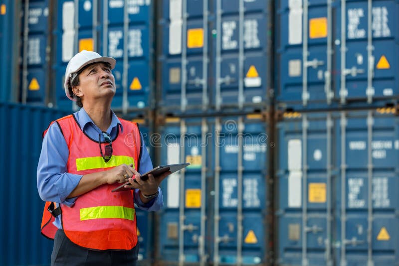 Foreman Man Working Checking at Container Cargo Harbor To Loading ...