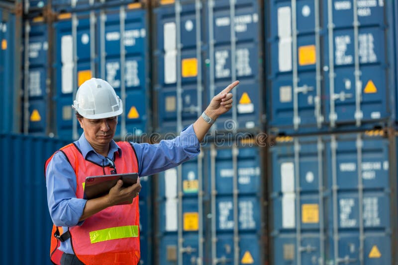 Foreman Man Working Checking at Container Cargo Harbor To Loading ...