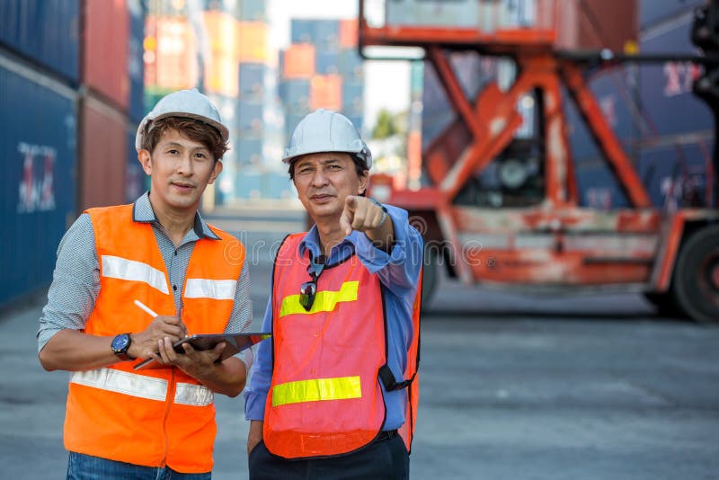 Foreman Man Working Checking at Container Cargo Harbor To Loading ...