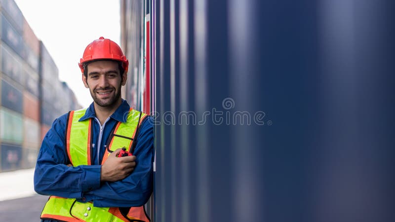 Foreman Man Working Checking at Container Cargo Harbor To Loading ...